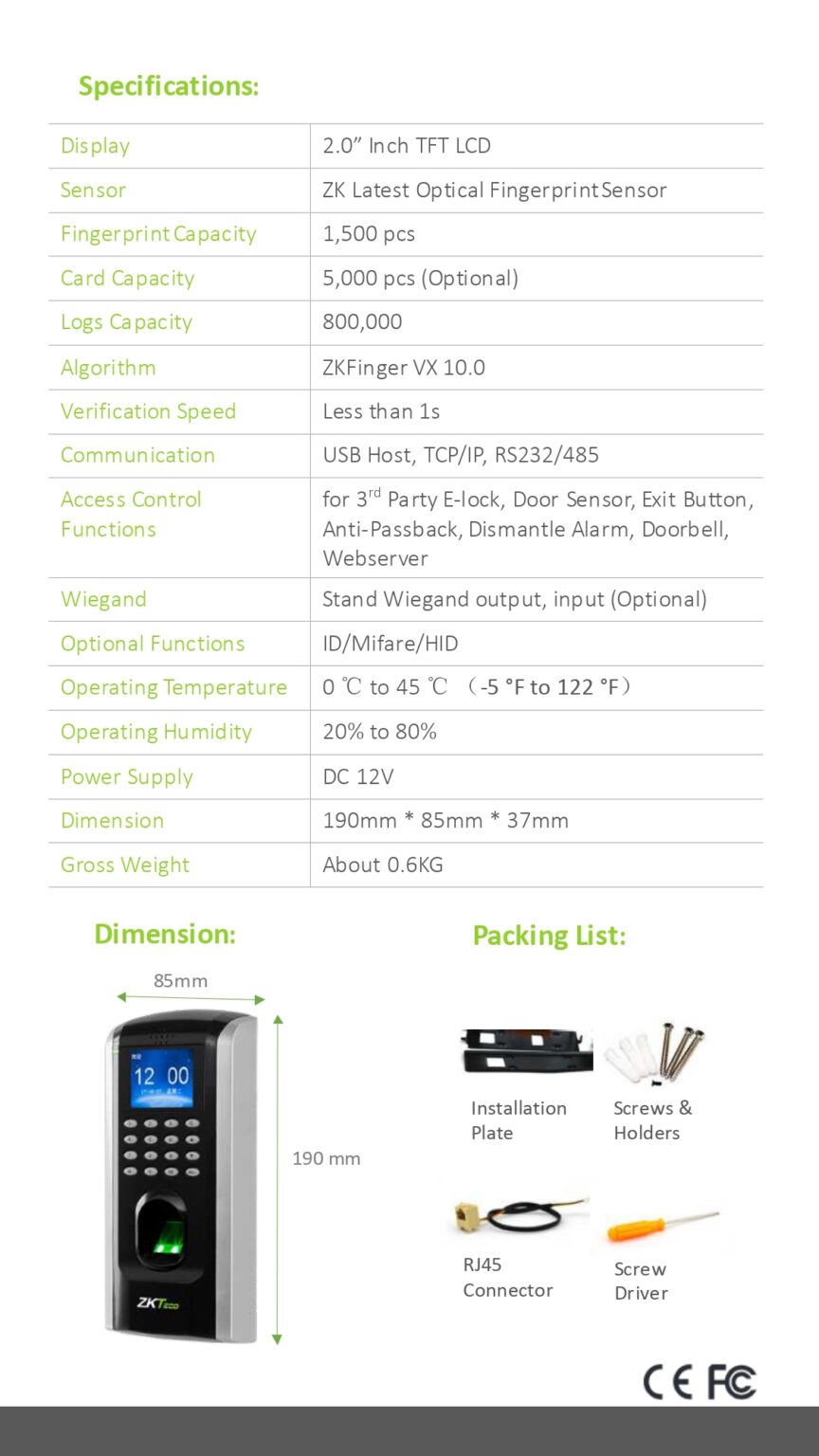 Fingerprint Network Access Control Time Attendance Door Access F7 Plus ...