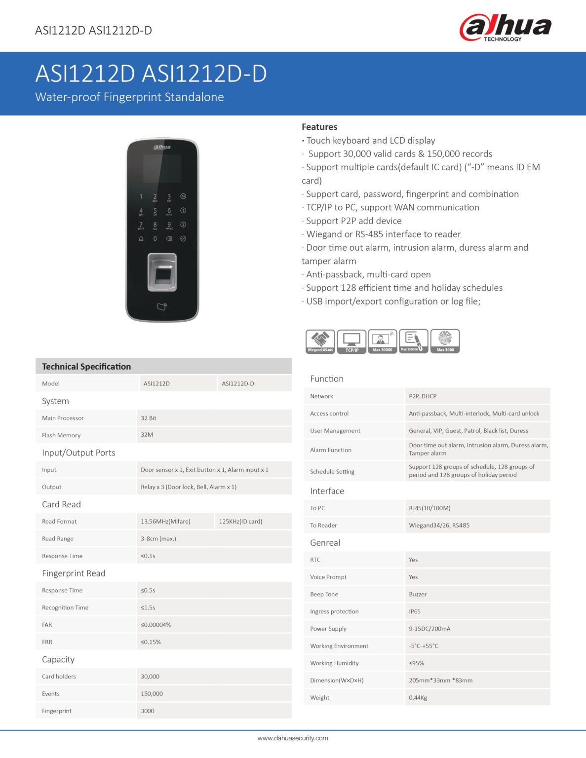 Door Access Biometric Reader Dahua AS1212D Package | Touch keypad and ...