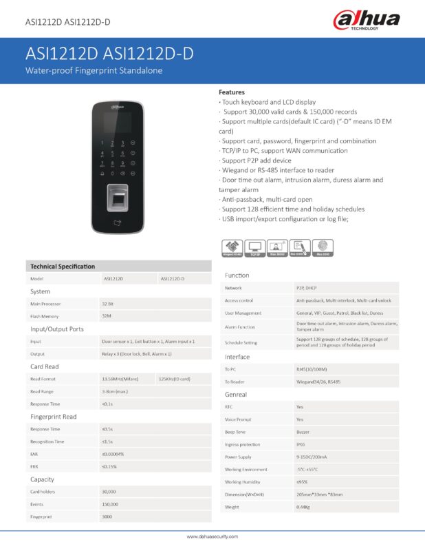Door Access Biometric Reader Dahua As1212d Package Touch Keypad And Lcd Display Support