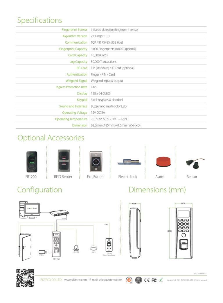 Fingerprint Network Access Control Time Attendance Door Access TF1700 ...